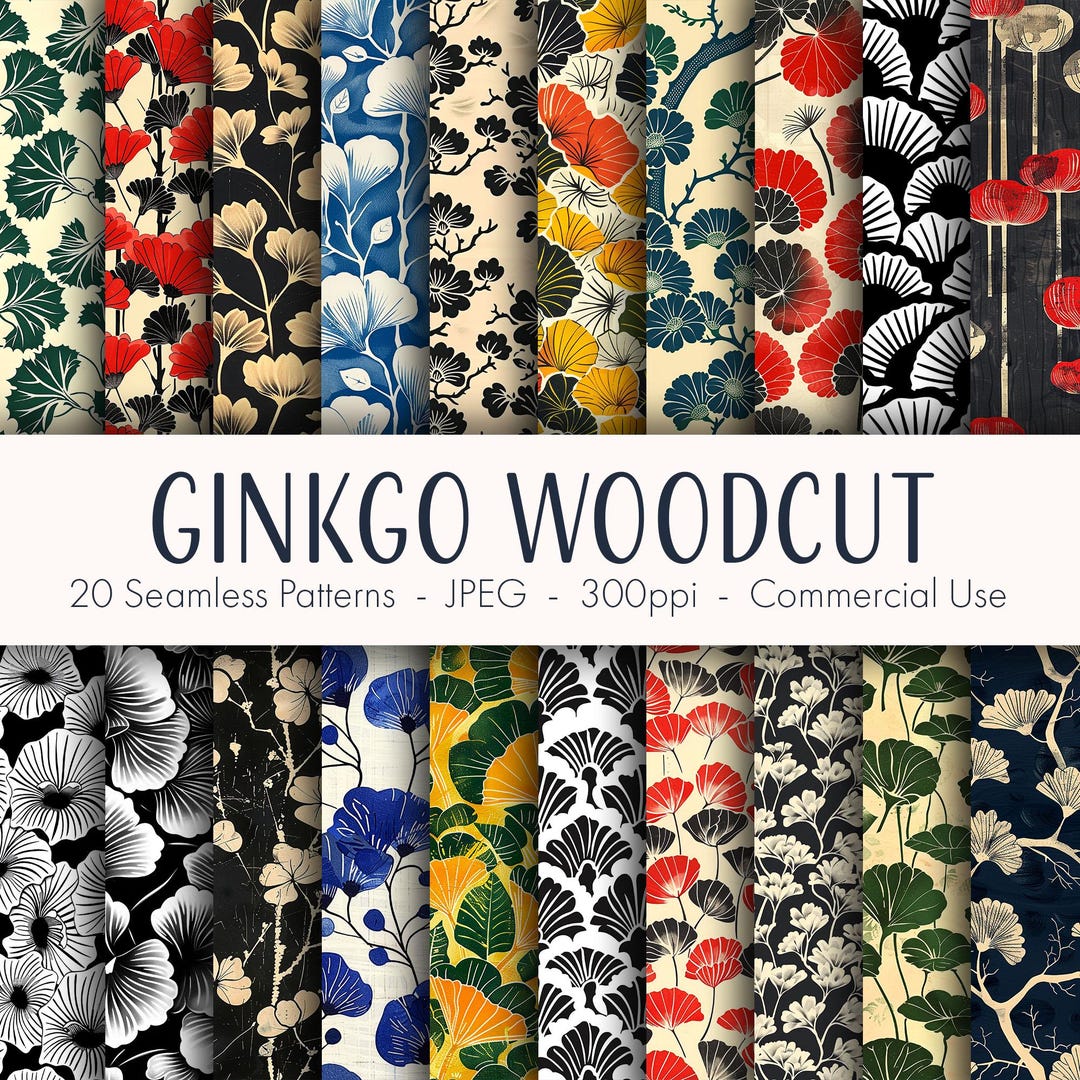 Ginkgo Woodcut Seamless Patterns, Printable Digital Paper, Commercial ...