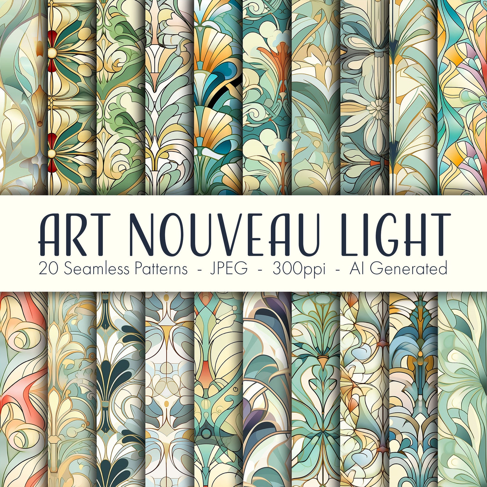 Art Nouveau Light Seamless Patterns, Printable Digital Paper, Instant ...