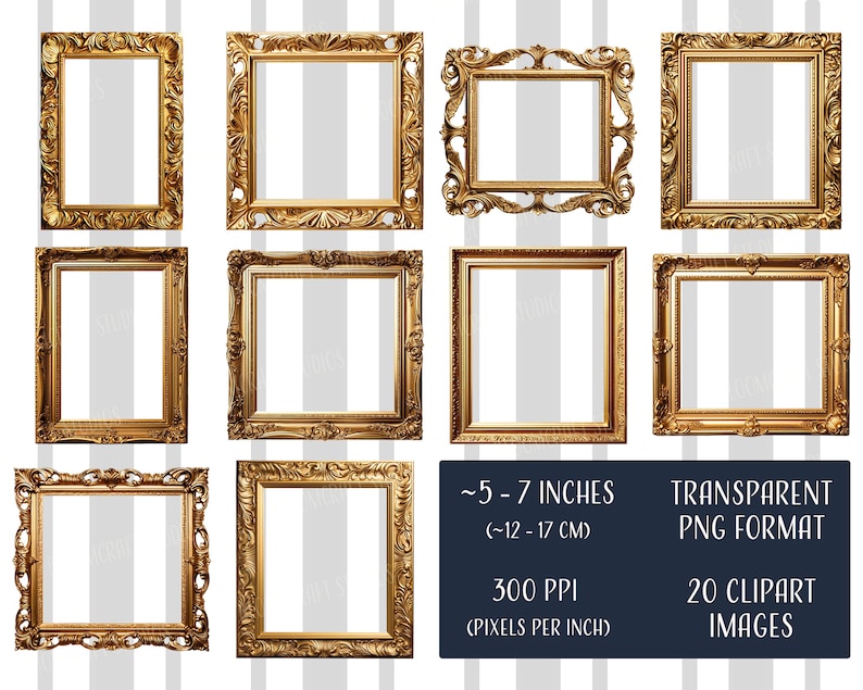 Gold Frame Clipart - Printable Images, Transparent Background, Instant ...