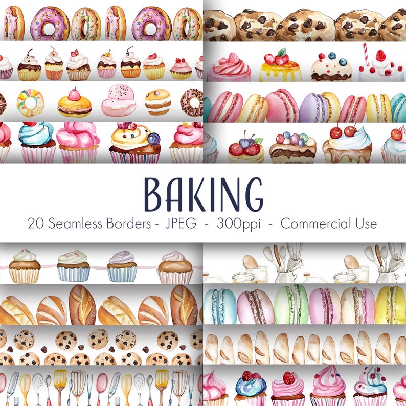 Baking Seamless Borders, Printable Digital Paper, Commercial Use, JPEG ...
