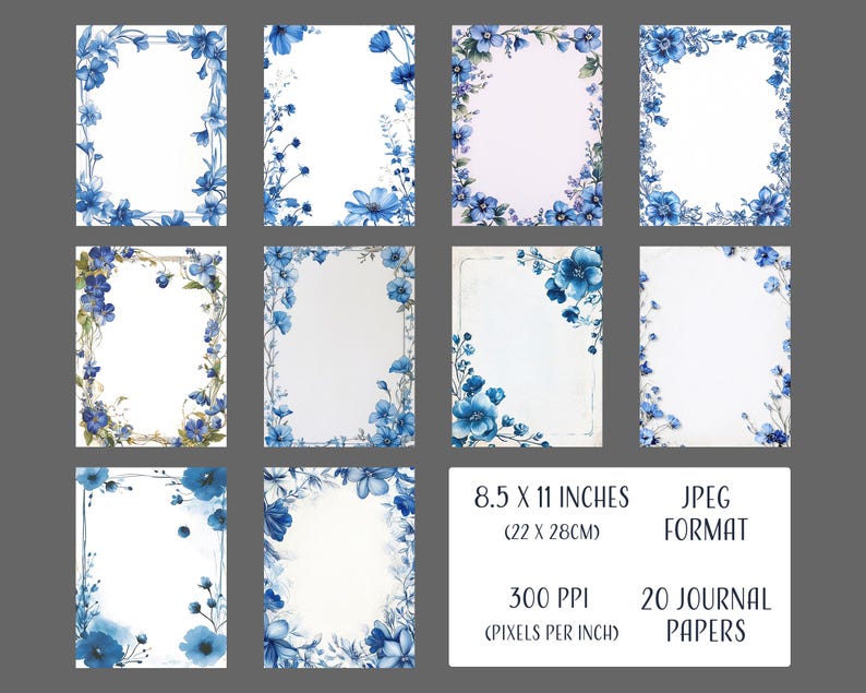 Blue Flower Journal Paper, Printable Digital Notebook Paper, 8.5x11 ...