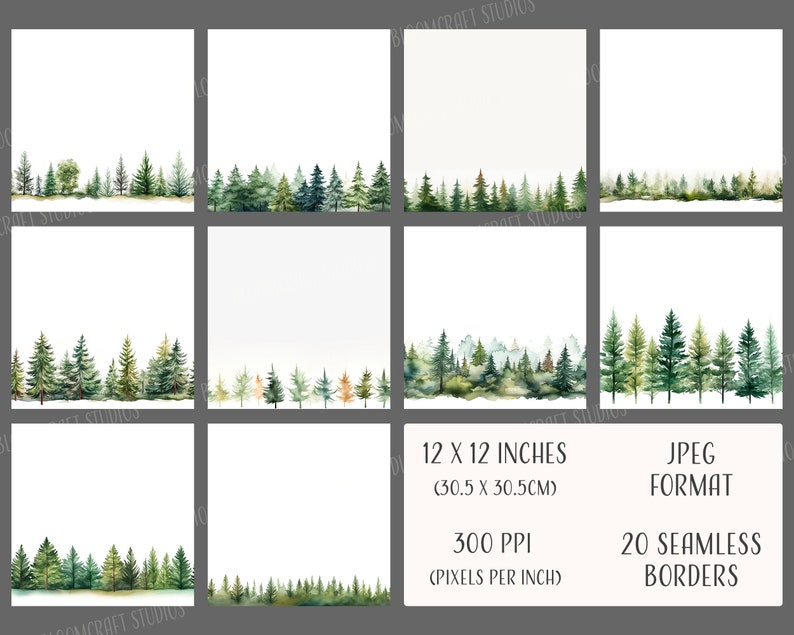 Pine Forest Seamless Borders, Printable Digital Paper, Commercial Use ...