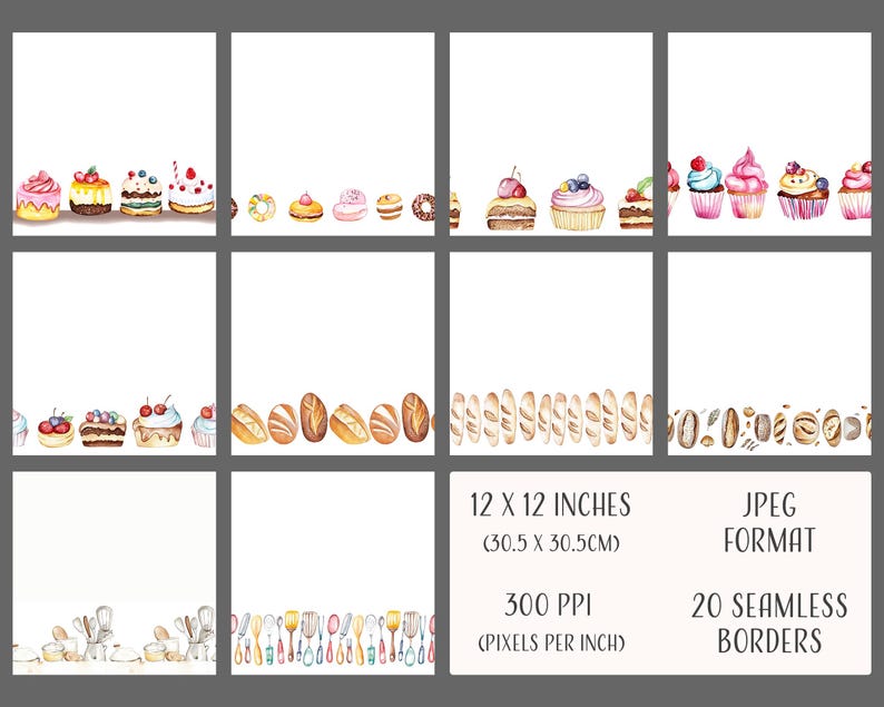 Baking Seamless Borders, Printable Digital Paper, Commercial Use, JPEG ...