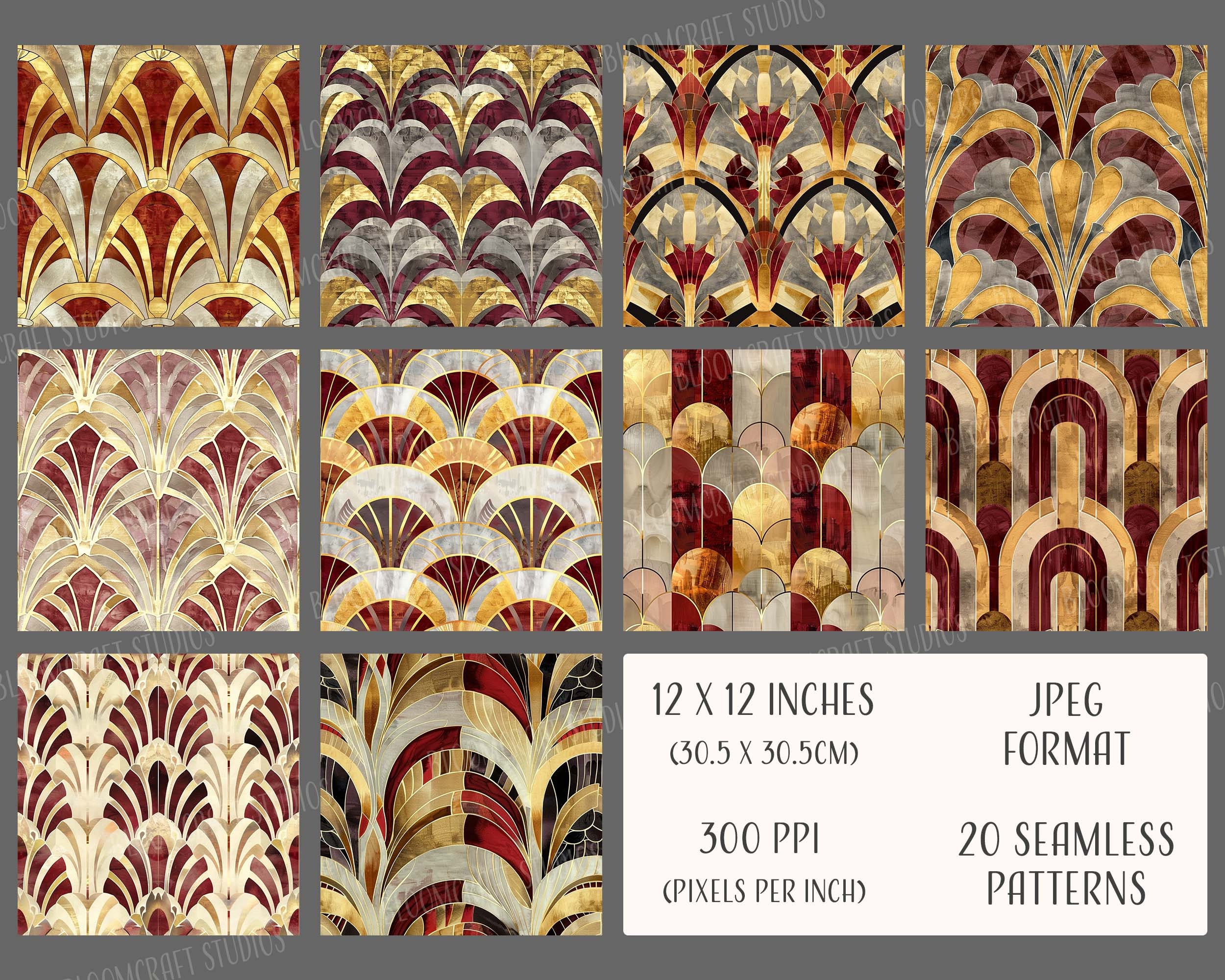 Art Deco Red Seamless Patterns, Printable Digital Paper, Commercial Use, JPEG Format, Instant ...