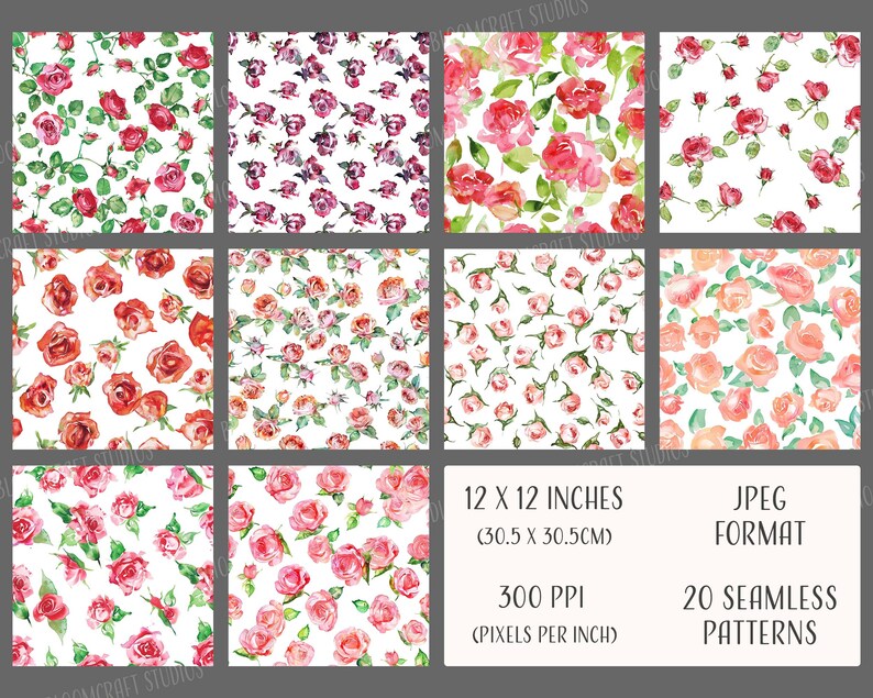 Red Roses Seamless Patterns, Printable Digital Paper, Commercial Use ...