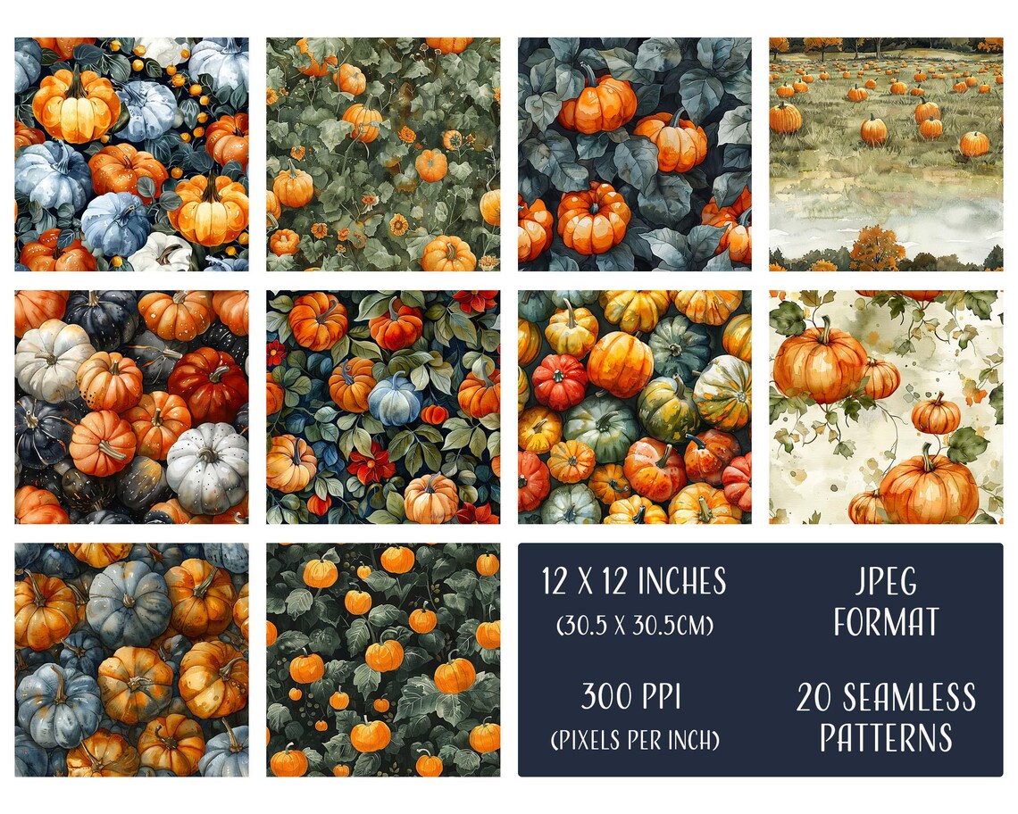 Pumpkin Patch Seamless Patterns, Printable Digital Paper, Commercial ...