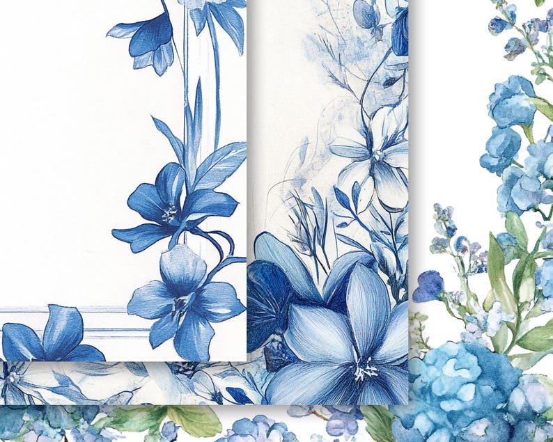Blue Flower Journal Paper, Printable Digital Notebook Paper, 8.5x11 ...