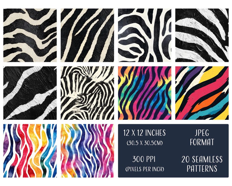 Zebra Seamless Patterns, Printable Digital Paper, Commercial Use, JPEG ...