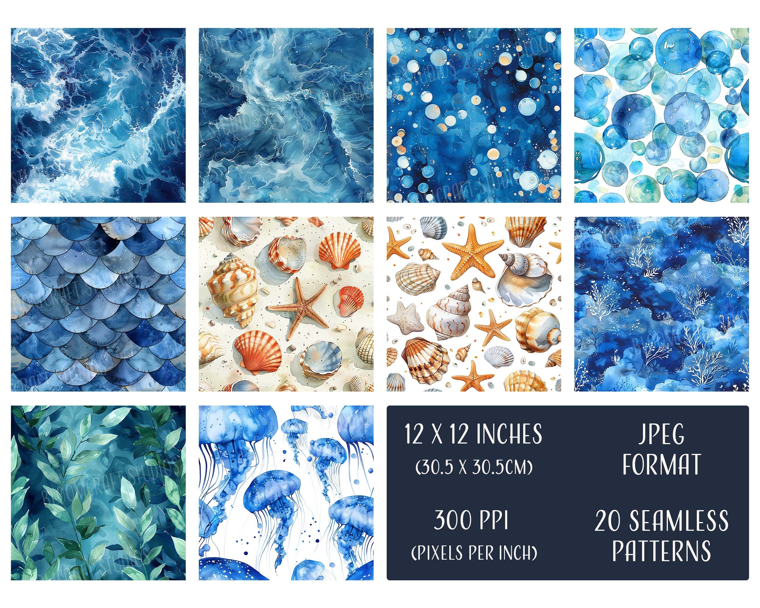 Ocean Seamless Patterns, Printable Digital Paper, Commercial Use, JPEG ...