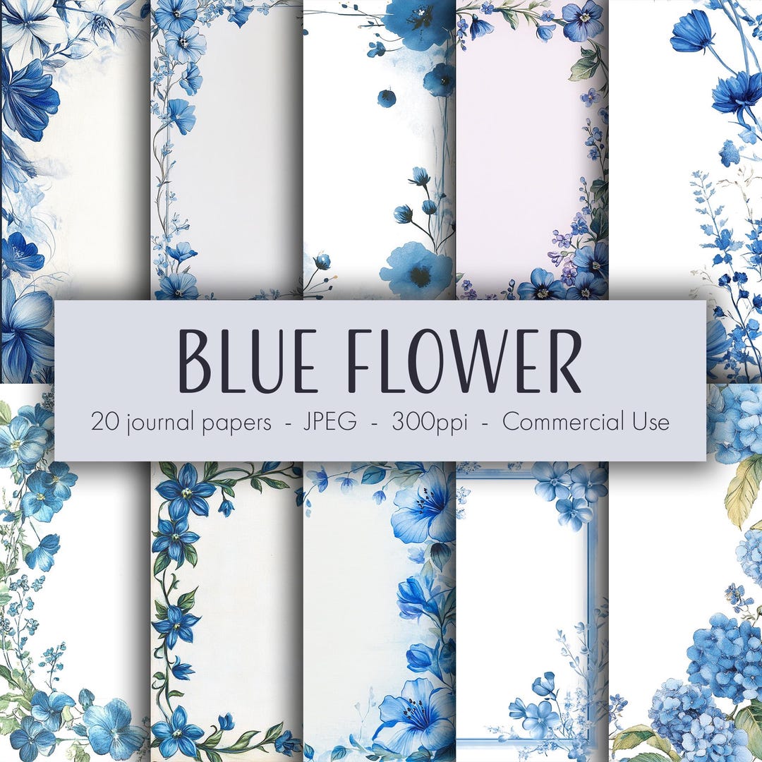 Blue Flower Journal Paper, Printable Digital Notebook Paper, 8.5x11 ...