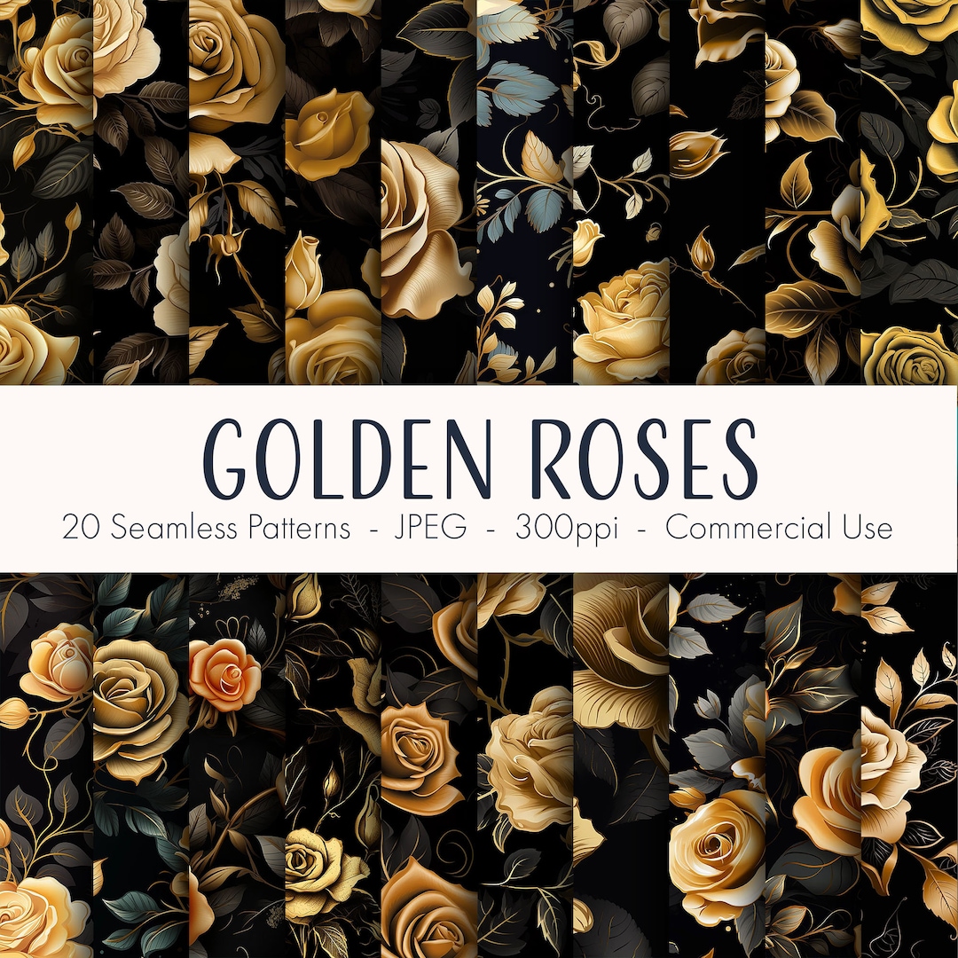 Golden Roses Seamless Patterns, Printable Digital Paper, Instant ...