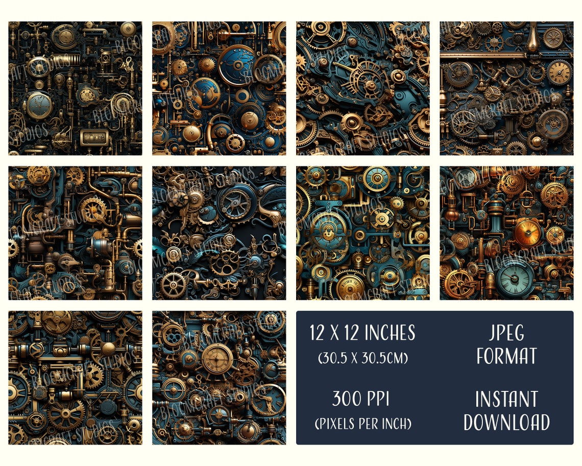 Steam Punk Seamless Patterns, Printable Digital Paper, Instant Download ...