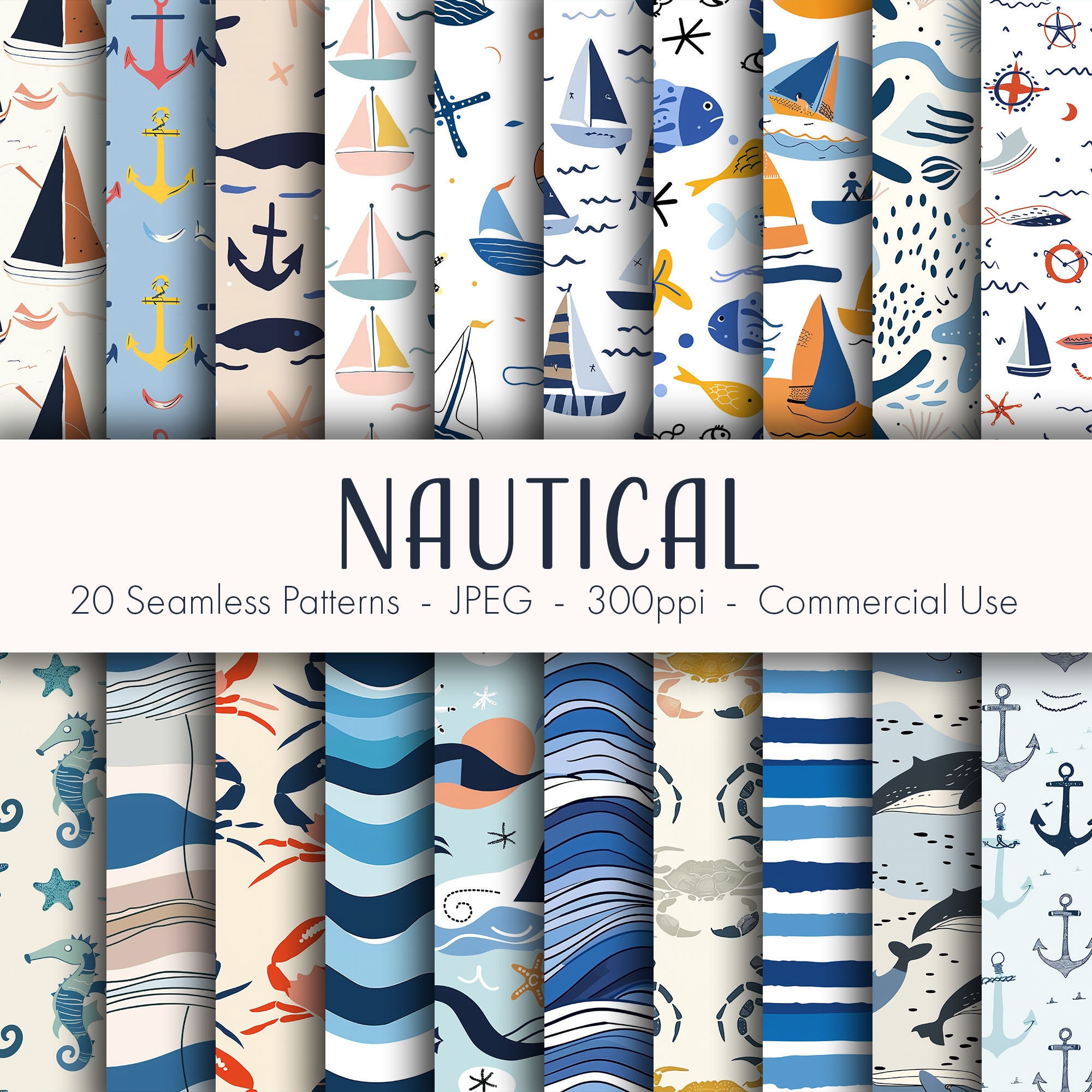 Nautical Seamless Patterns, Printable Digital Paper, Commercial Use ...