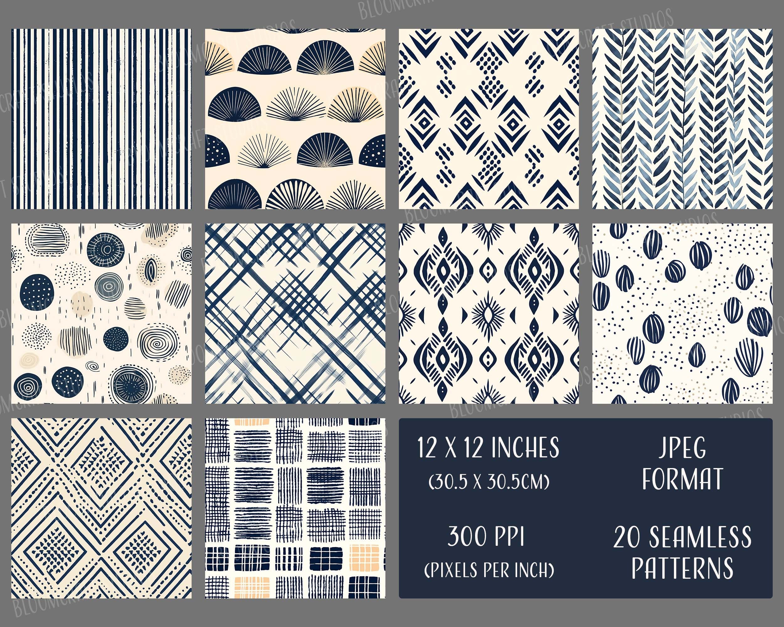 Boho Navy Seamless Patterns, Printable Digital Paper, Instant Download ...