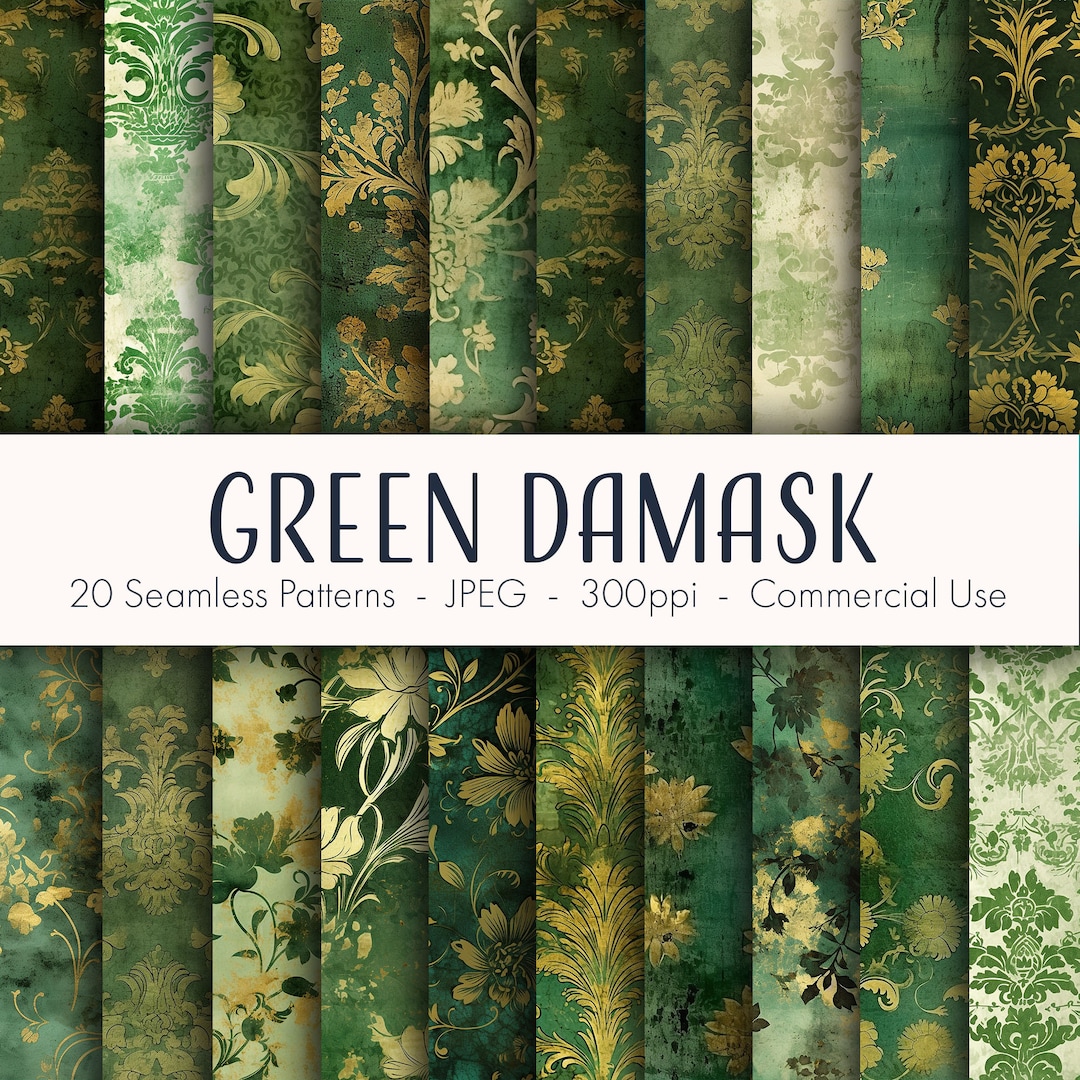 Green Damask Seamless Patterns, Printable Digital Paper, Instant ...