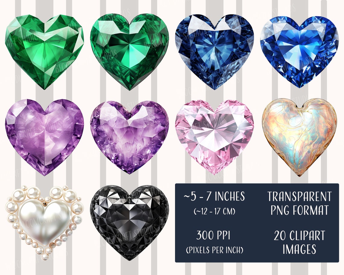Gem Hearts Clipart - Printable Images, Transparent Background, Instant ...