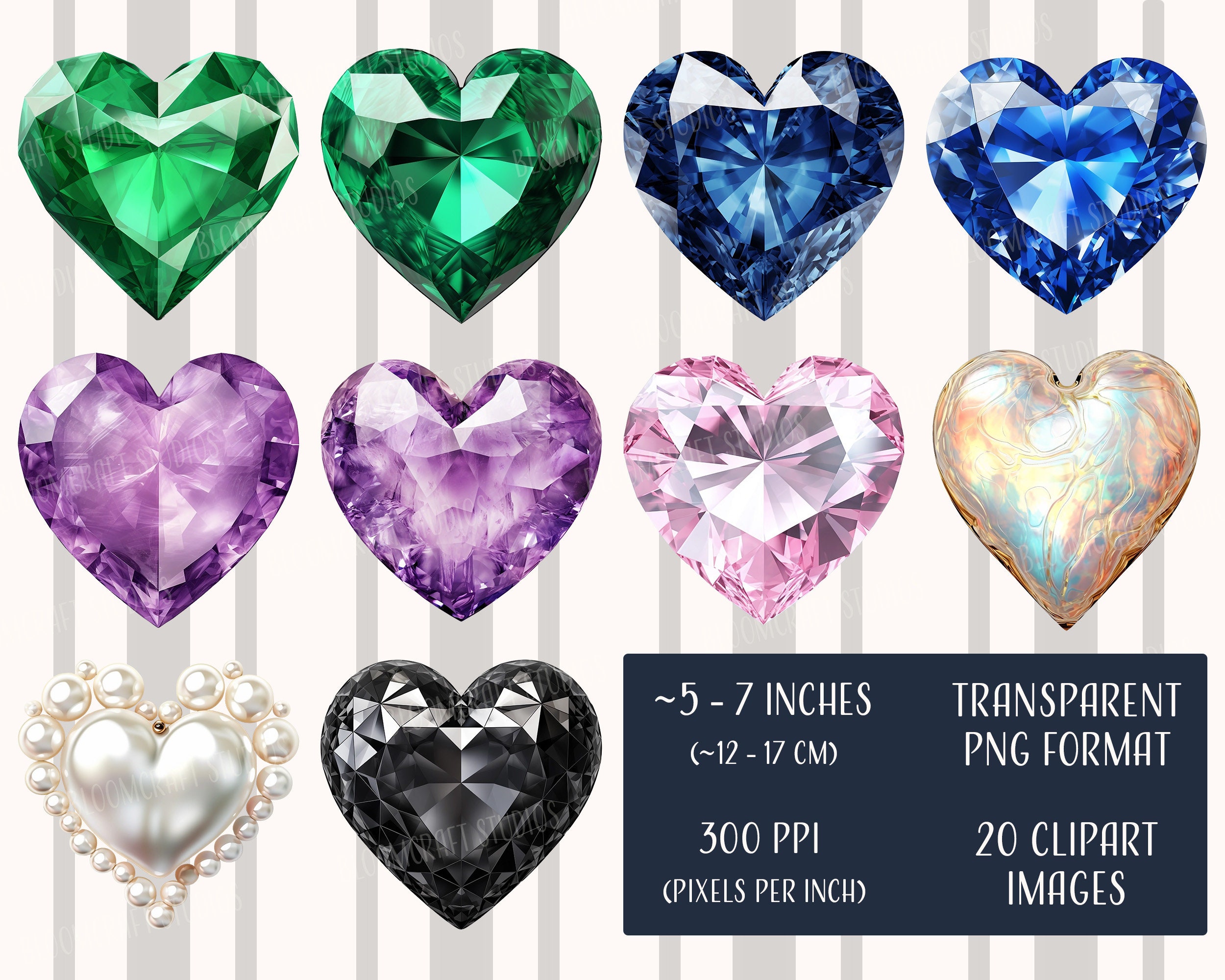 Gem Hearts Clipart - Printable Images, Transparent Background, Instant ...