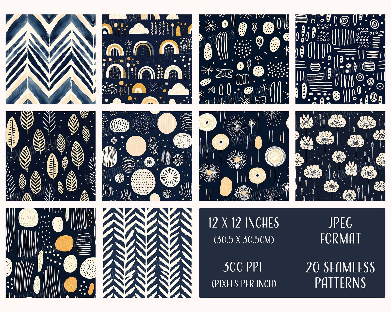 Boho Navy Seamless Patterns, Printable Digital Paper, Instant Download ...