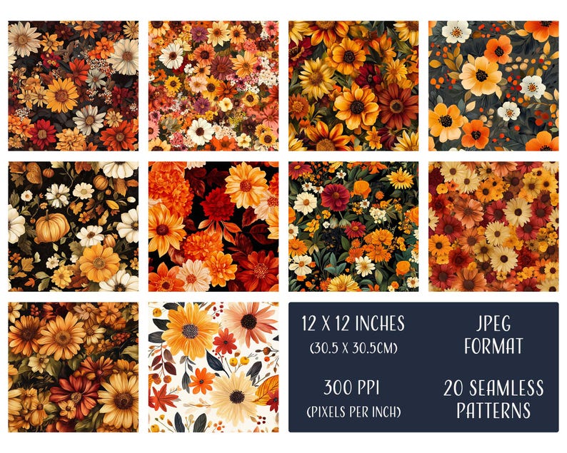 Fall Flowers Seamless Patterns, Printable Digital Paper, Commercial Use ...
