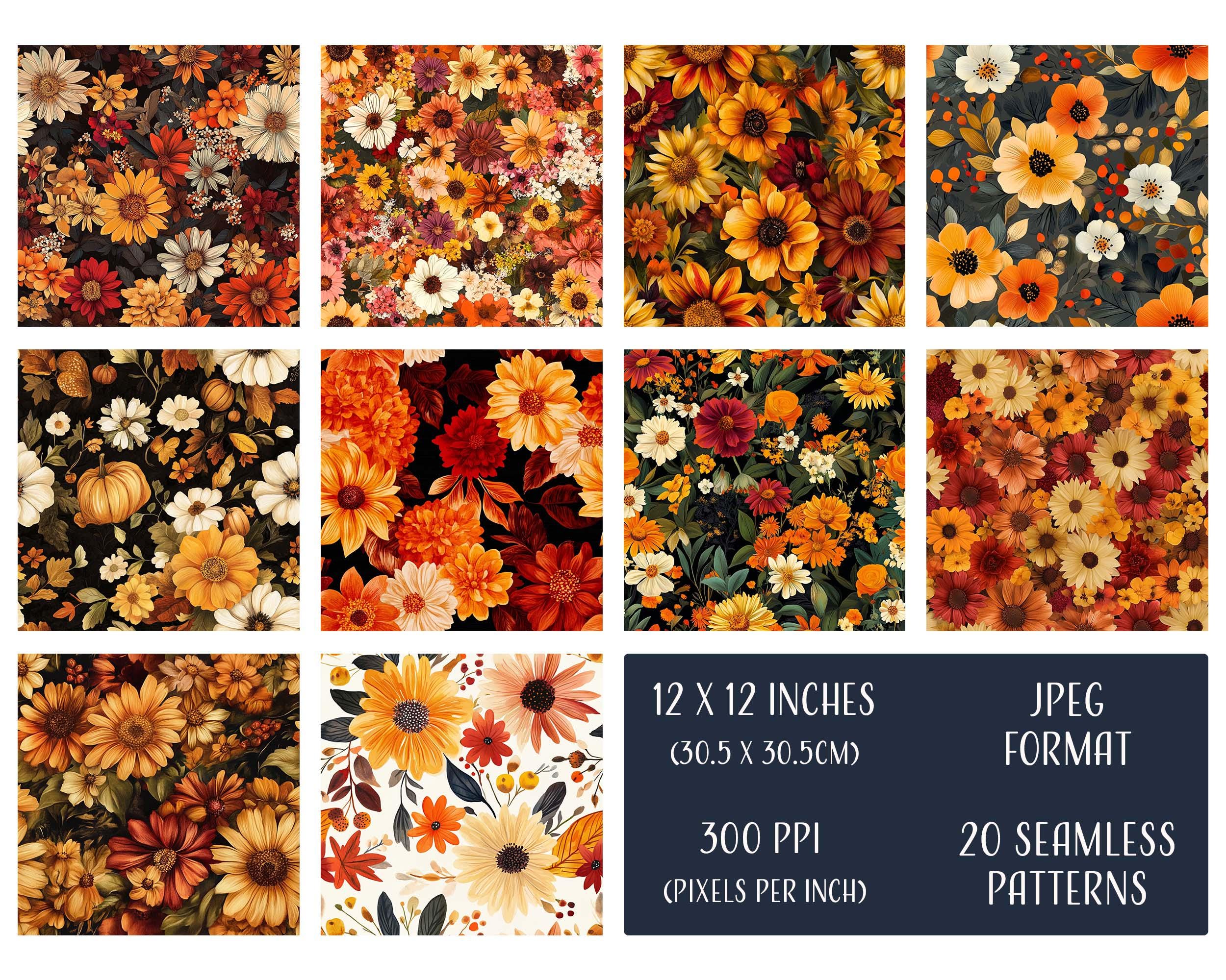 Fall Flowers Seamless Patterns, Printable Digital Paper, Commercial Use ...