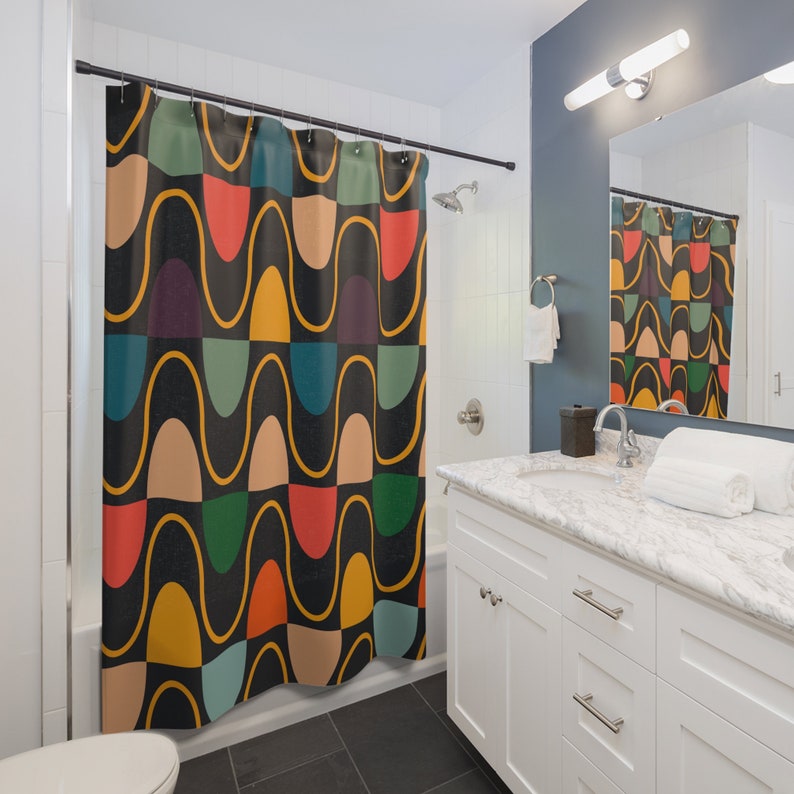 Mid Century Modern Groovy Trippy Mosaic Art Shower Curtain Bathroom