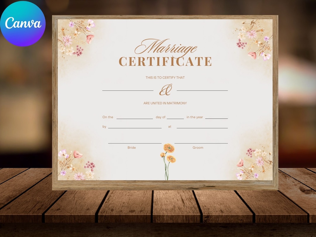 Editable Wedding Certificate Template: Printable Marriage Keepsake - Etsy