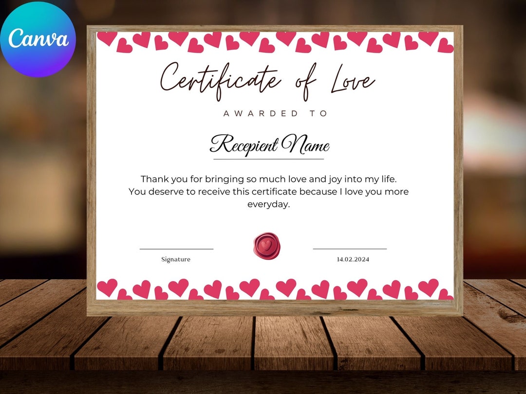 Love Certificate Template, Valentines Day Gift for Him or Her, EDITABLE ...