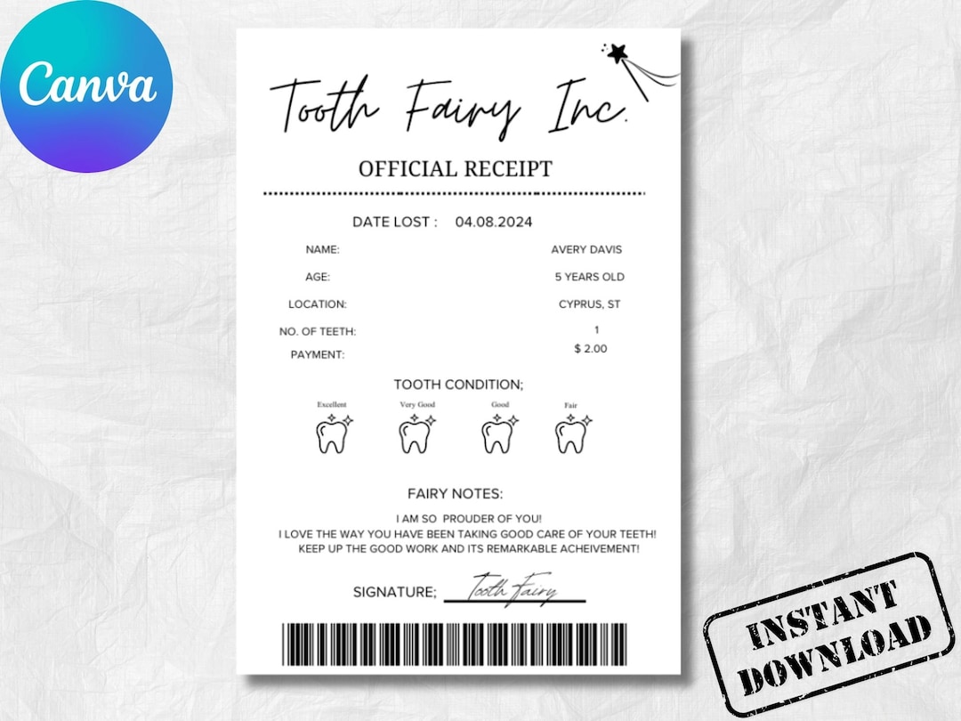 Editable Tooth Fairy Receipt Printable Certificate | First Tooth Lost ...