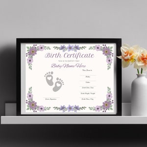 Printable Birth Certificate, Girl Floral Birth Certificate With ...