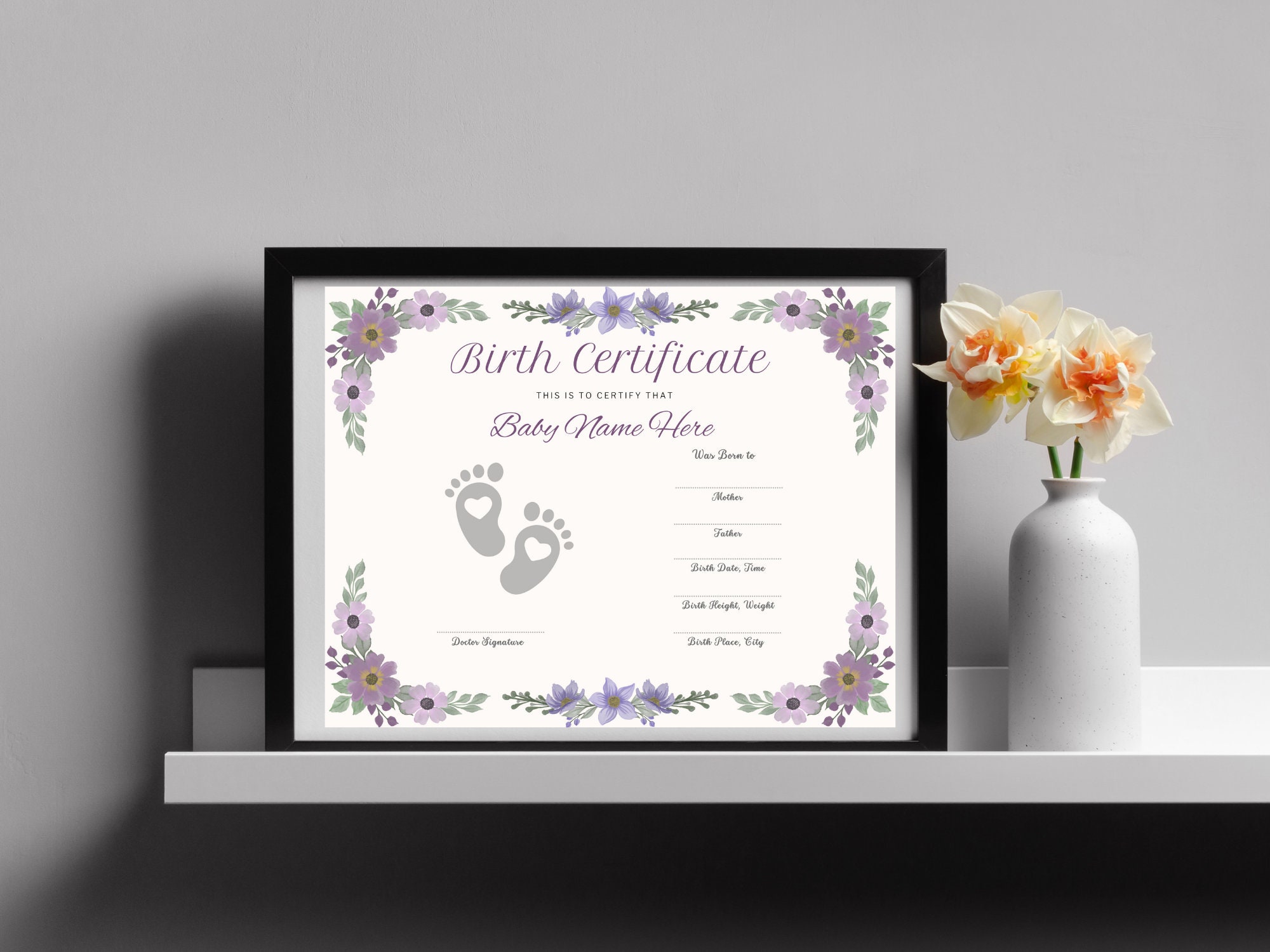 Printable Birth Certificate, Girl Floral Birth Certificate With ...