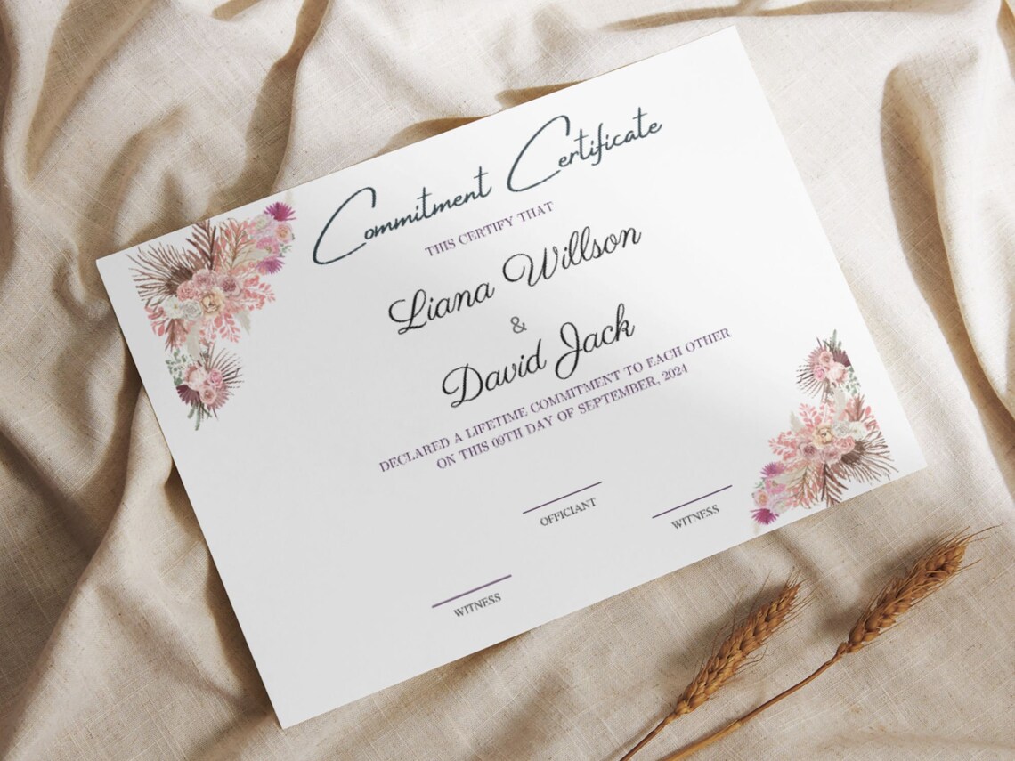 Printable Commitment Certificate Template: Editable Ceremony Keepsake ...