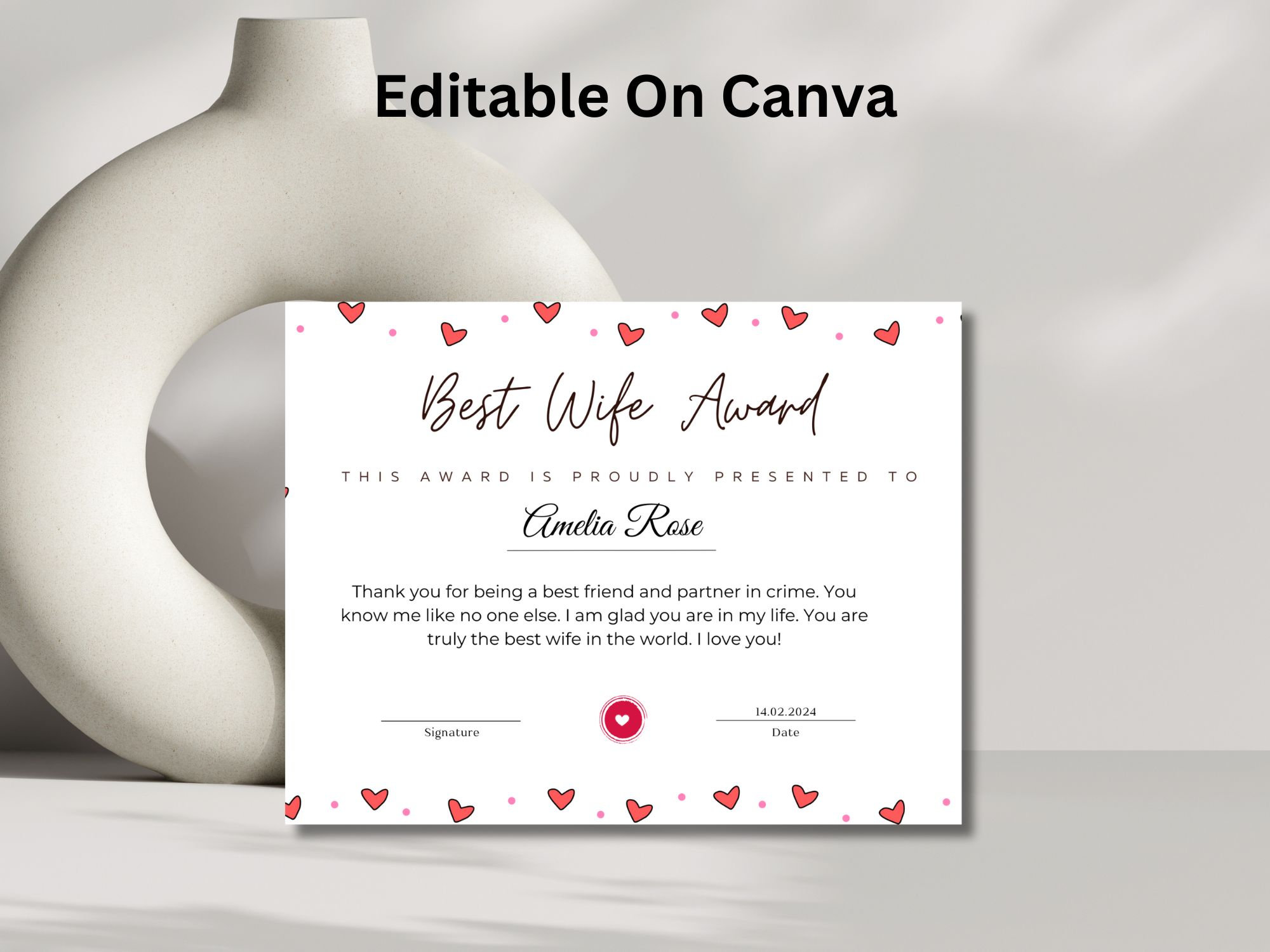 Best Wife Certificate Award Template, Editable Printable Best Wife Gift ...