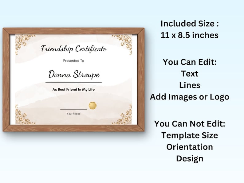 Editable Best Friend Forever Certificate Template, Personalized Gift ...