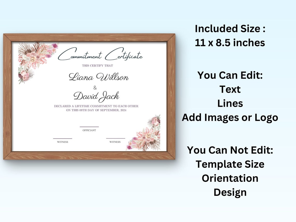 Printable Commitment Certificate Template: Editable Ceremony Keepsake ...
