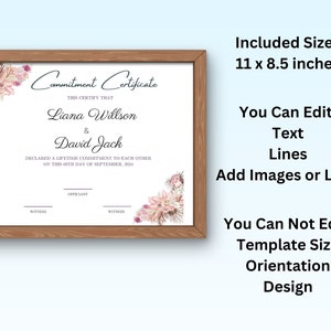 Printable Commitment Certificate Template: Editable Ceremony Keepsake (canva Template) - Etsy
