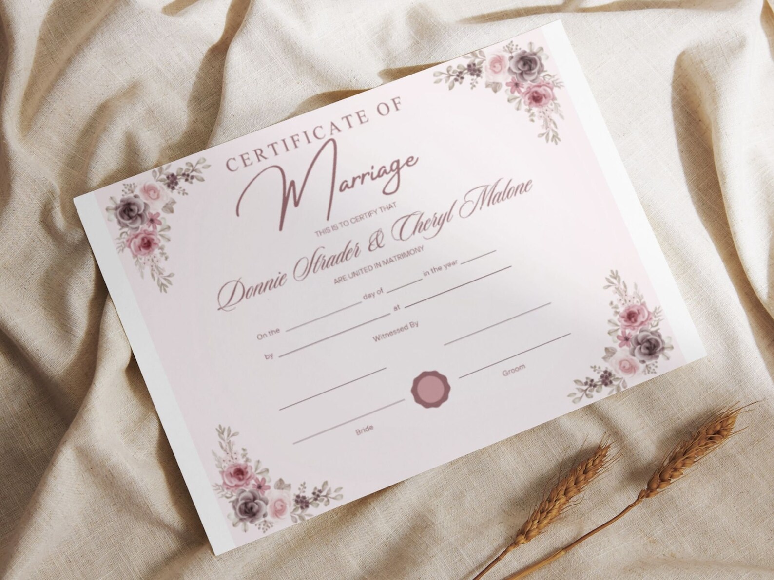 Editable Marriage Certificate Template: Printable Wedding Keepsake ...