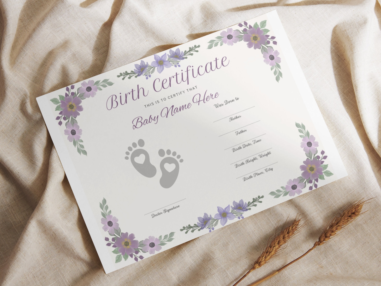 Printable Birth Certificate, Girl Floral Birth Certificate With ...
