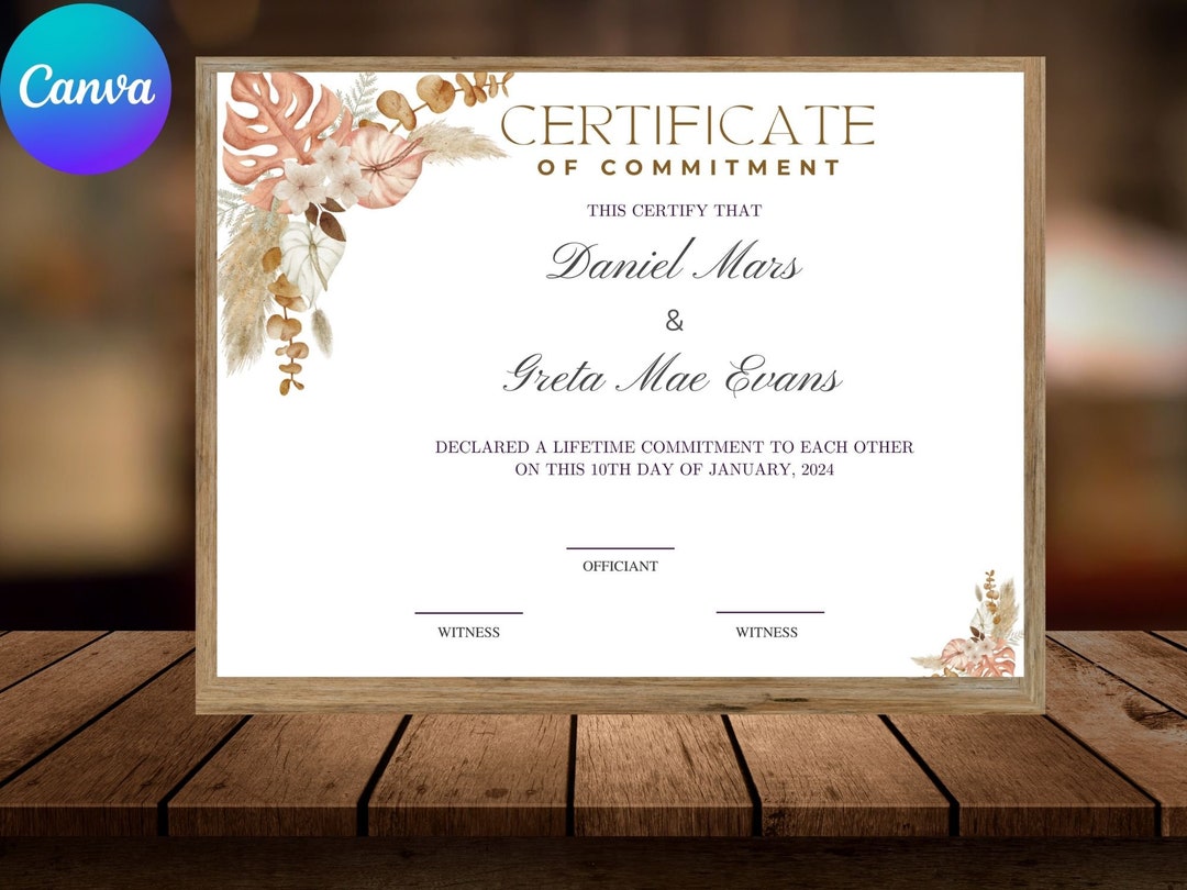 Commitment Certificate Template, Printable Certificate of Commitment, Editable Commitment ...