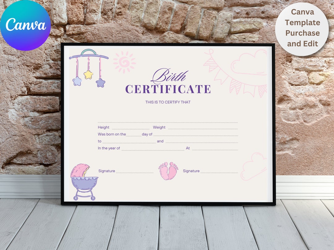 Editable Baby Birth Certificate Template: Canva Keepsake (digital ...