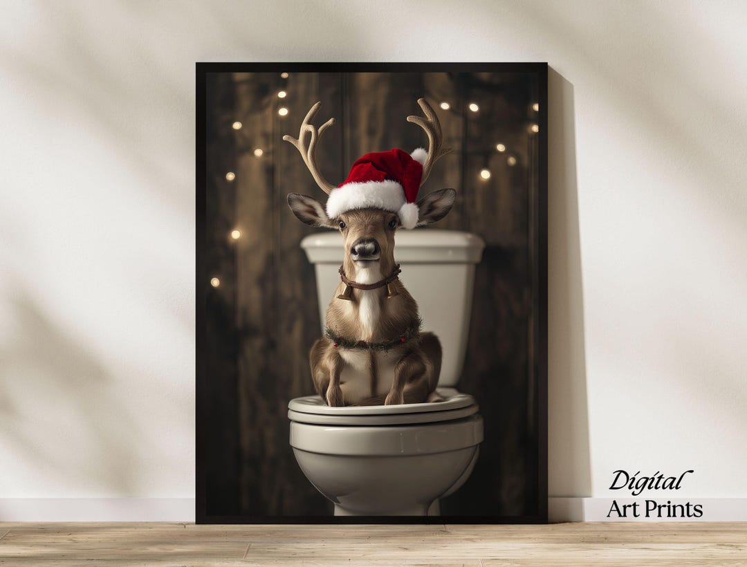 Reindeer on the Toilet, Printable Funny Christmas Wall Art, Bathroom ...
