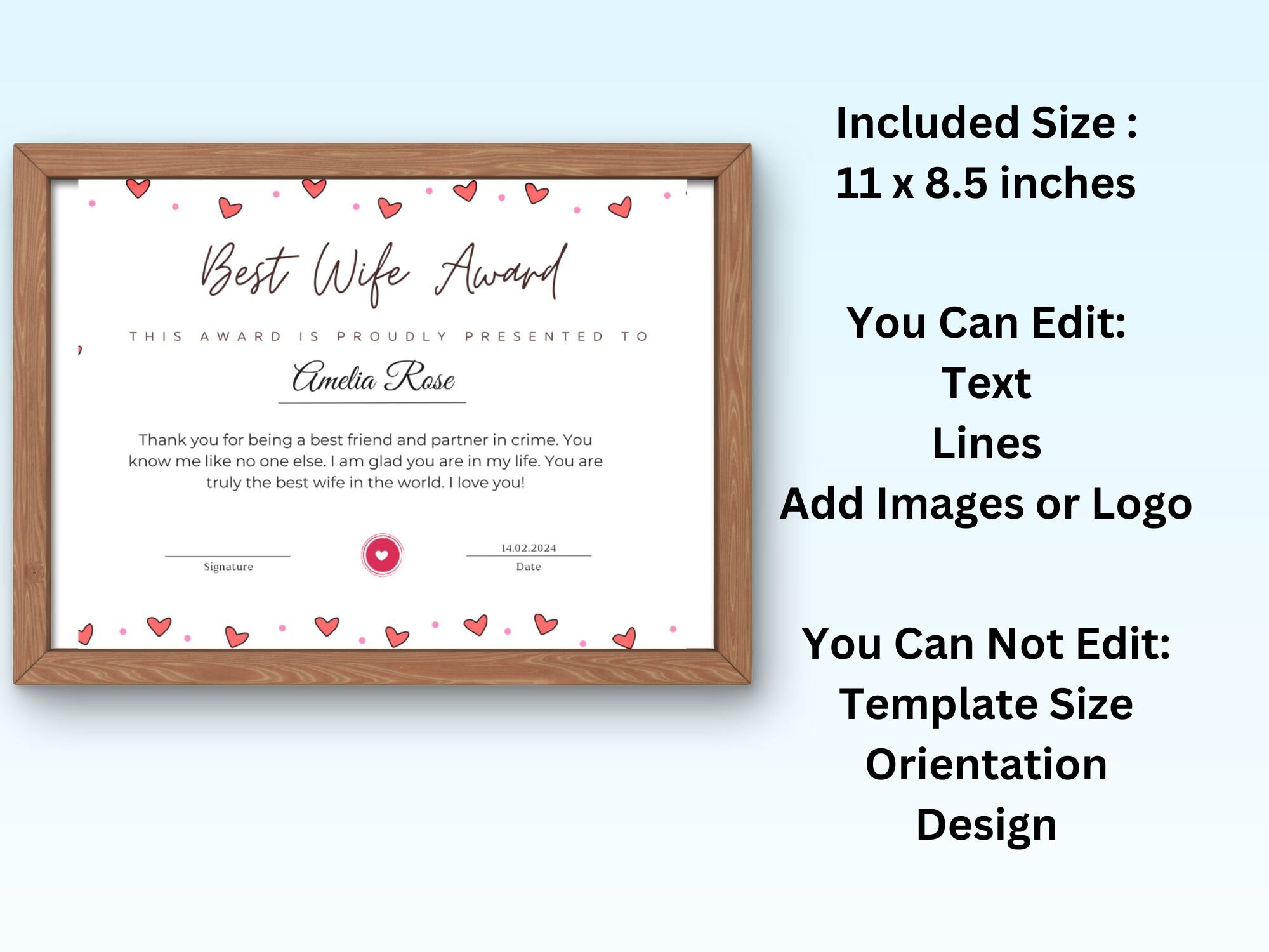 Best Wife Certificate Award Template, Editable Printable Best Wife Gift ...
