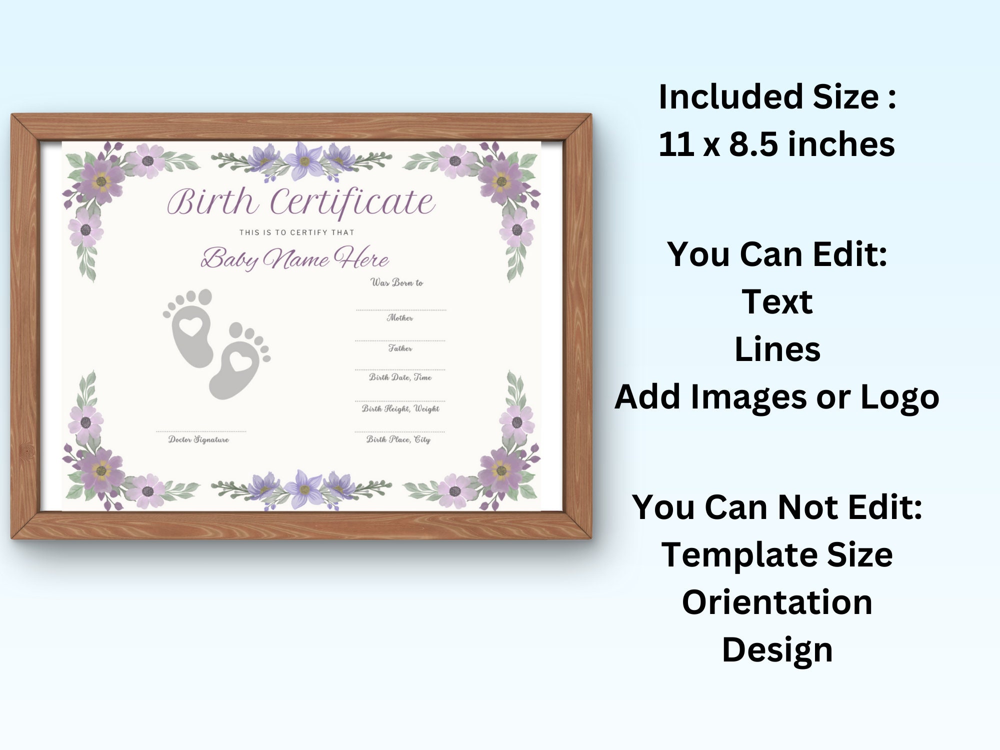 Printable Birth Certificate, Girl Floral Birth Certificate With ...