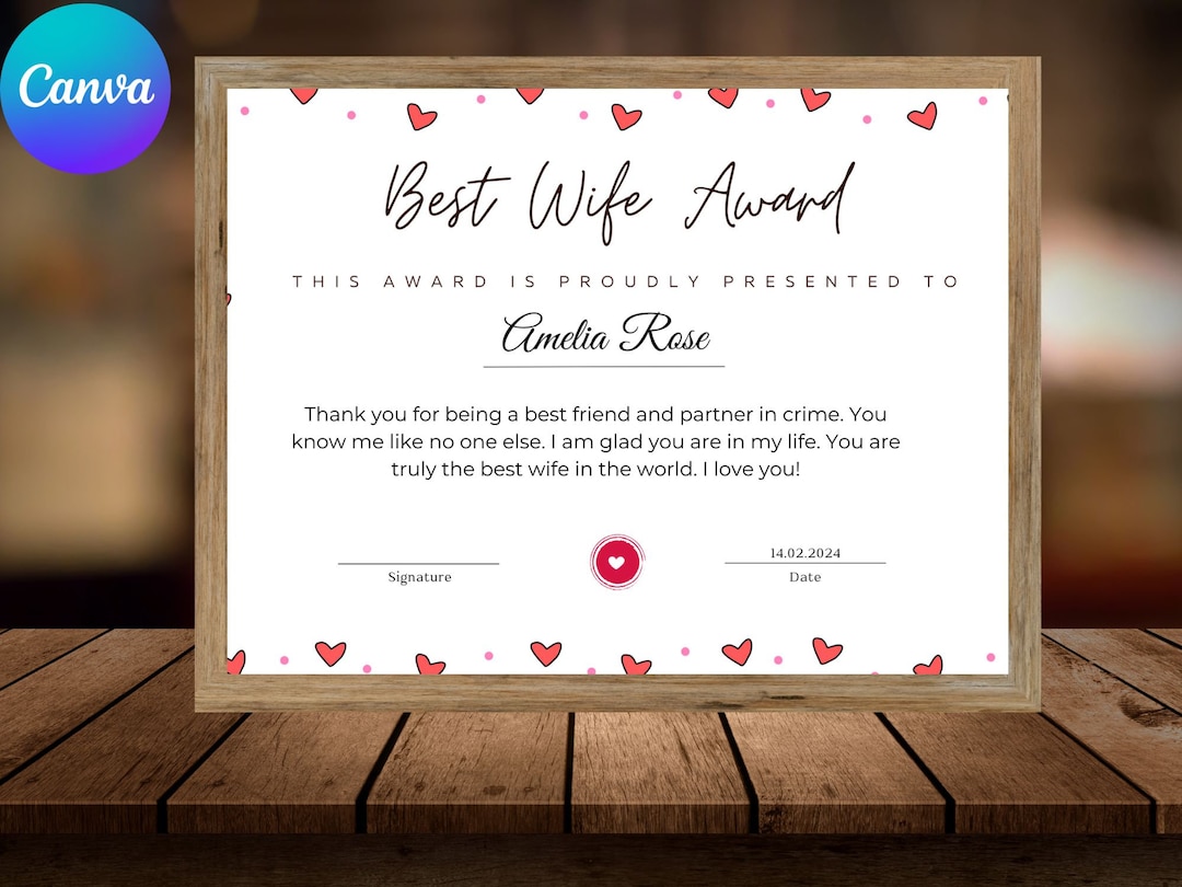 Best Wife Certificate Award Template, Editable Printable Best Wife Gift ...