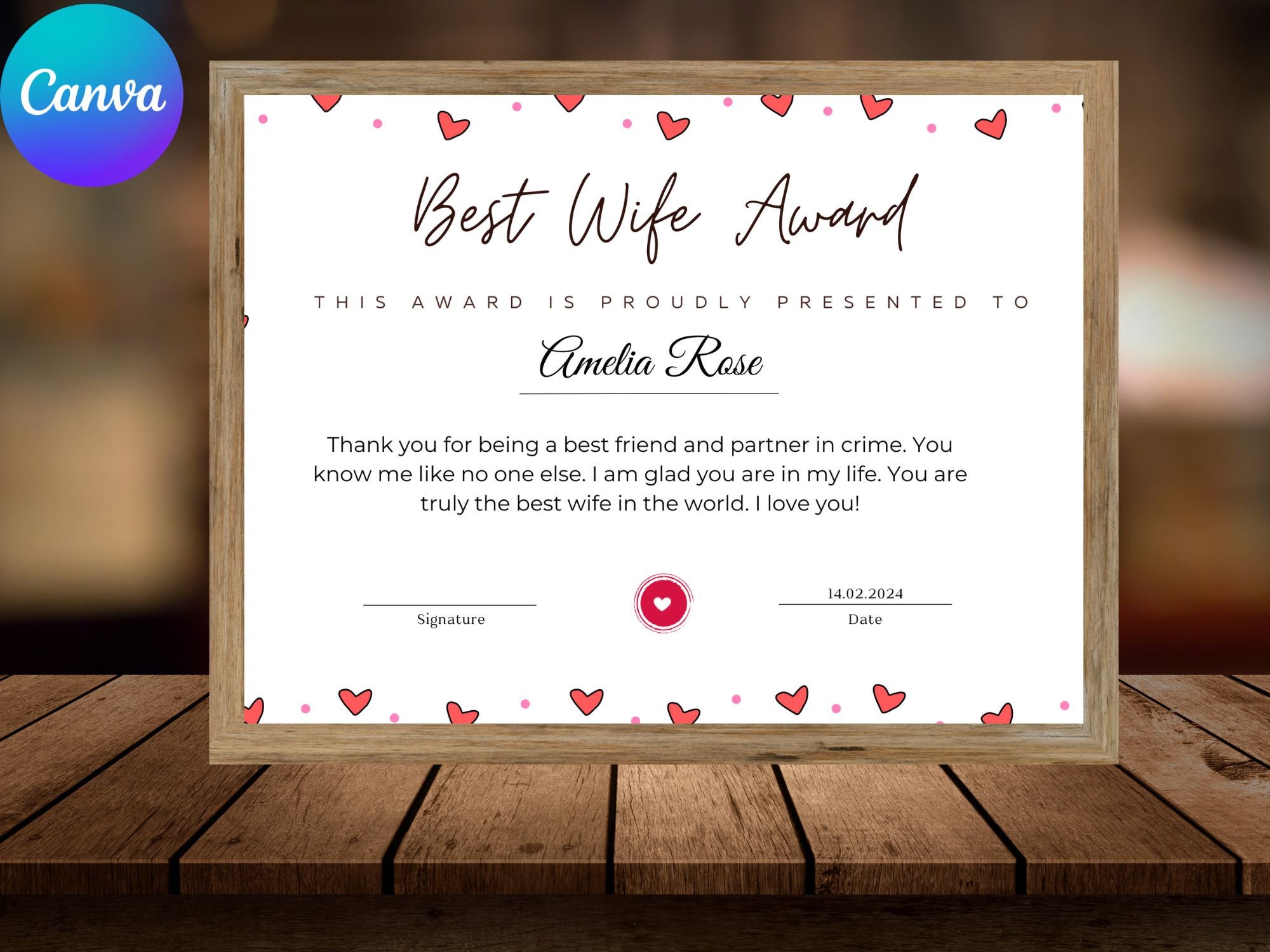 Best Wife Certificate Award Template, Editable Printable Best Wife Gift, World's Best Award ...