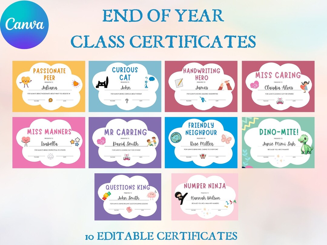 Pastel End of Year Class Certificate Awards for School Students - Etsy