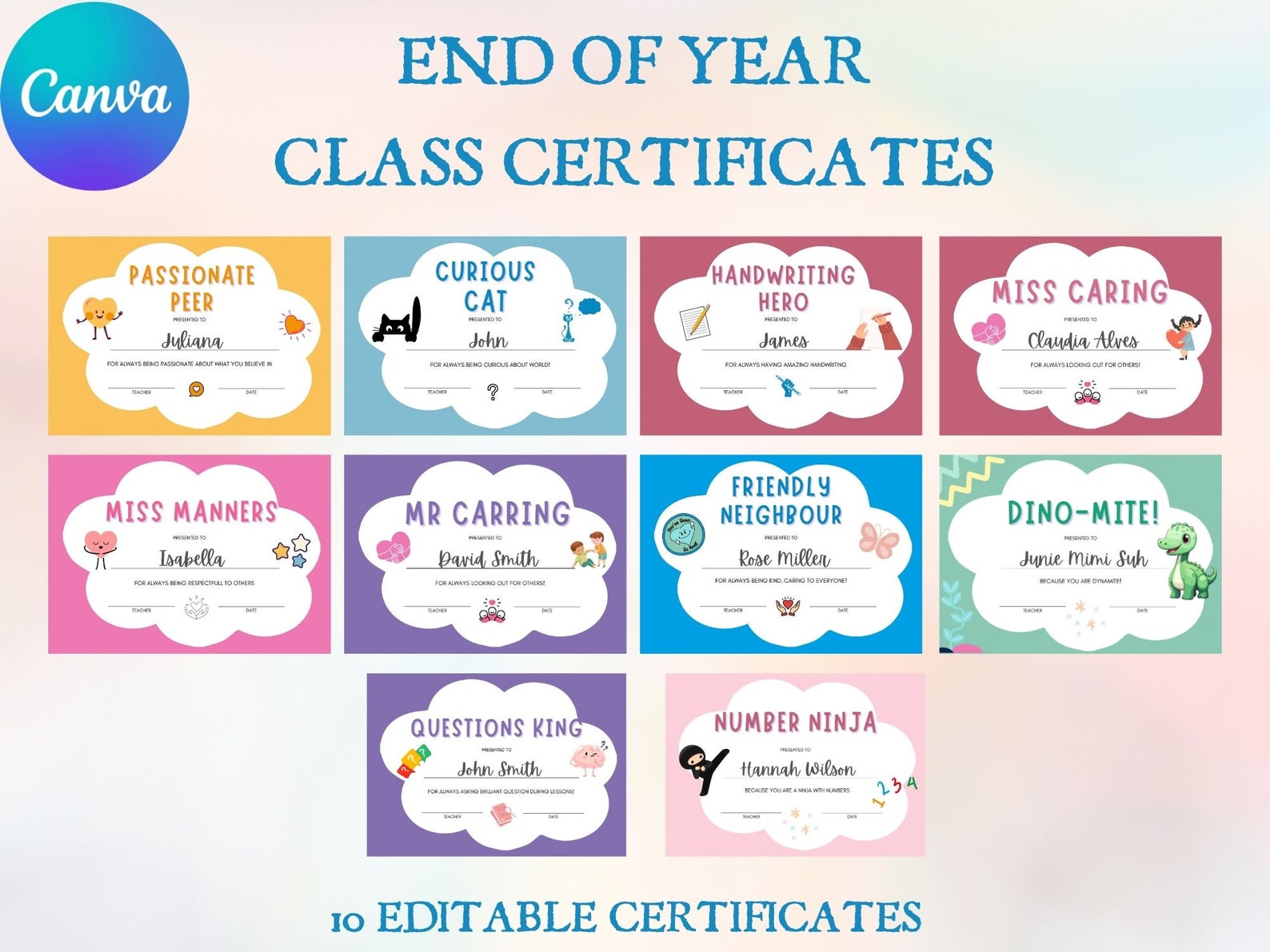 Pastel End of Year Class Certificate Awards for School Students - Etsy