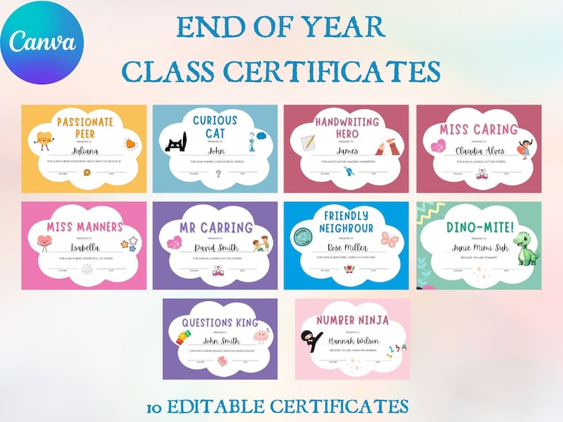 Pastel End of Year Class Certificate Awards for School Students - Etsy