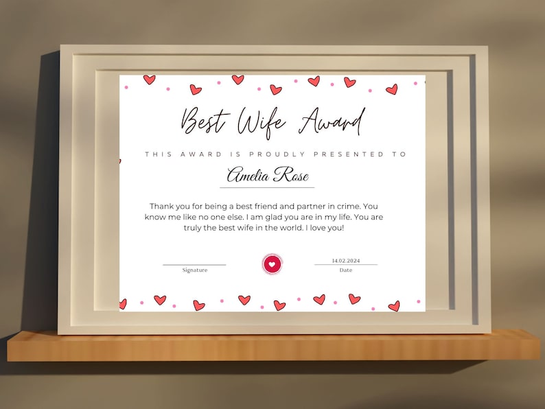 Best Wife Certificate Award Template, Editable Printable Best Wife Gift, World's Best Award ...