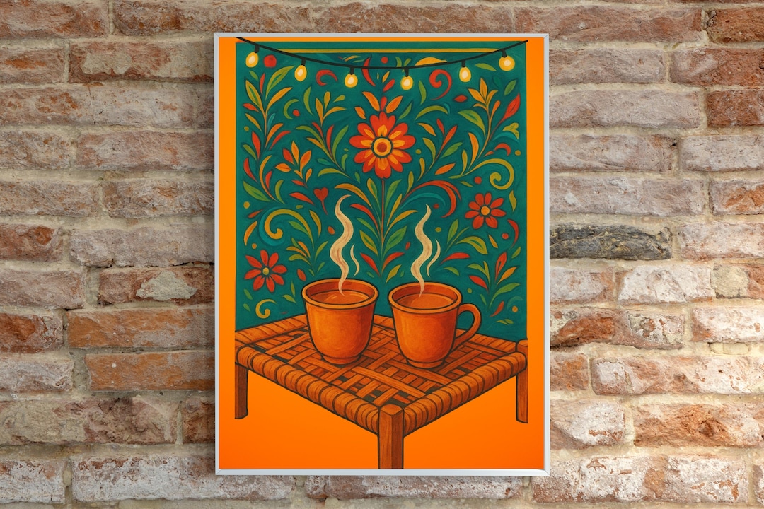 Chai Moment Vibrant Folk Art Style | Tea Cups Digital Wall Art | Cozy ...