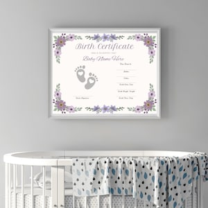 Printable Birth Certificate, Girl Floral Birth Certificate With ...